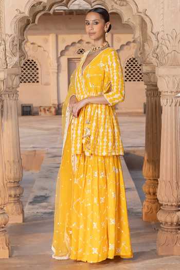 Buy Orange Cotton Mulmul Embroidered Lace Thread Work Angarkha Sharara ...