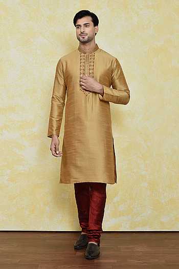 Buy Beige Art Silk Embroidered Thread Placket Kurta And Maroon Churidar ...