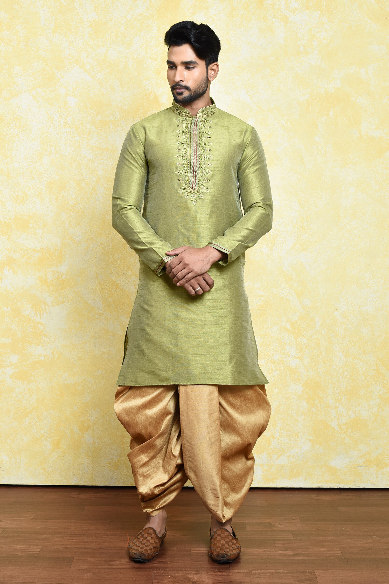 Buy Green Art Silk Embroidered Straight Placket Kurta Set For Men by ...
