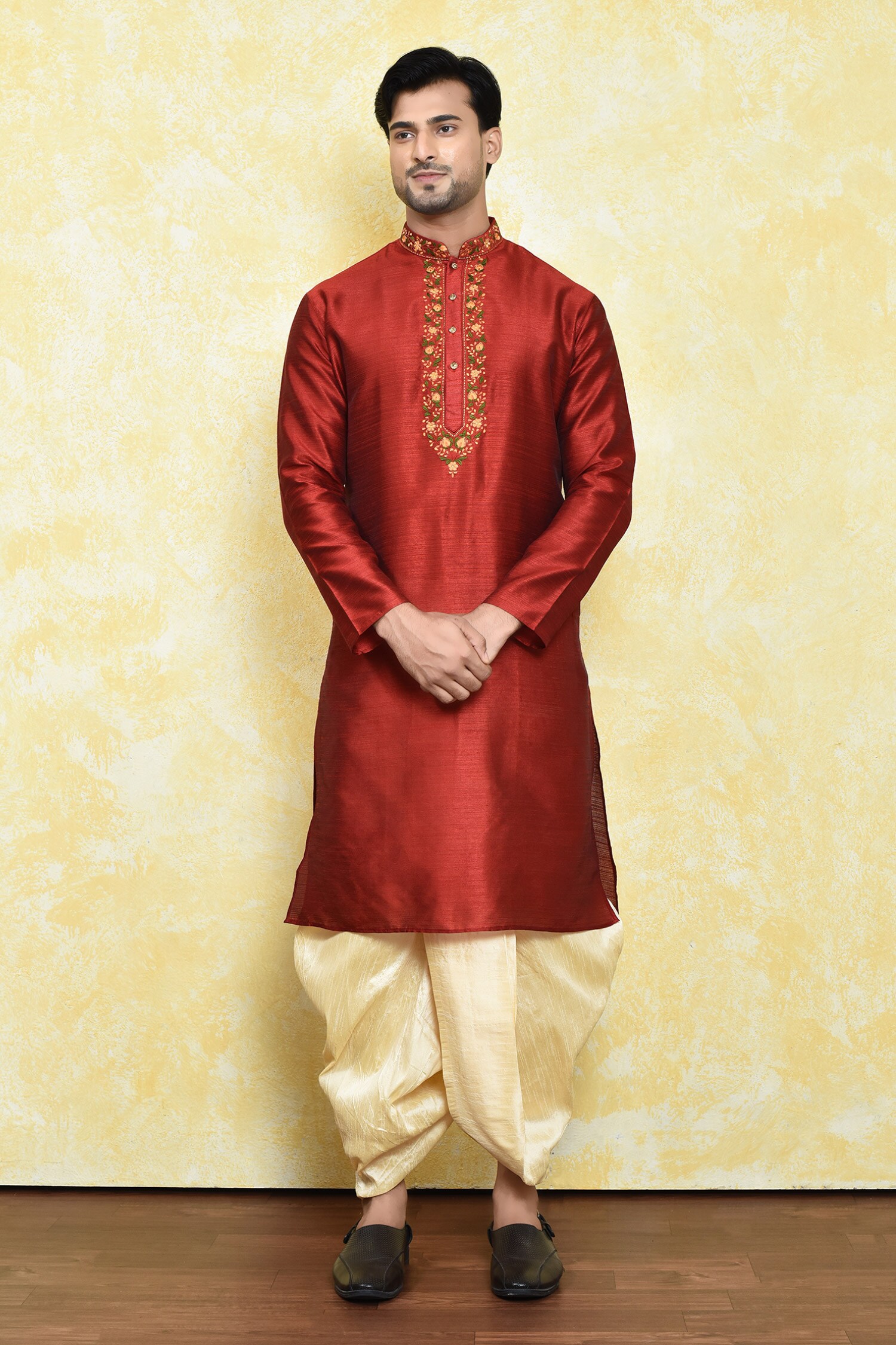 Buy Red Art Silk Budding Bloom Placket Embroidered Kurta With Dhoti Pant For Men by Samyukta ...