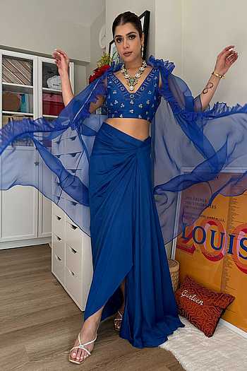 Buy Blue Silk Cotton Embroidered Pita Blunt V Neck Zara Cape Skirt Set ...