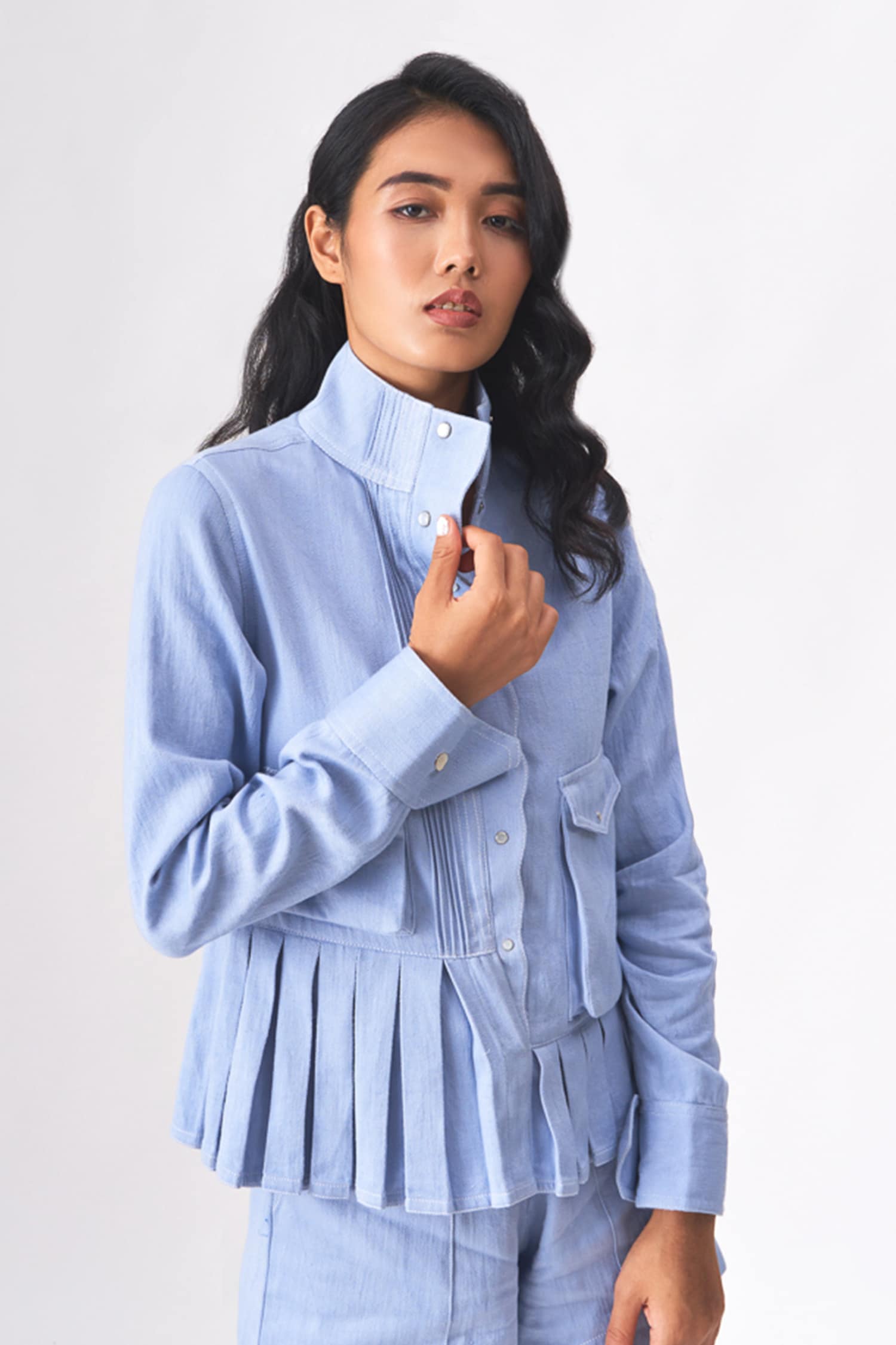 Buy Blue Spun Woven Cotton Linen Yvette Pleated Hem Shirt For Women by ...