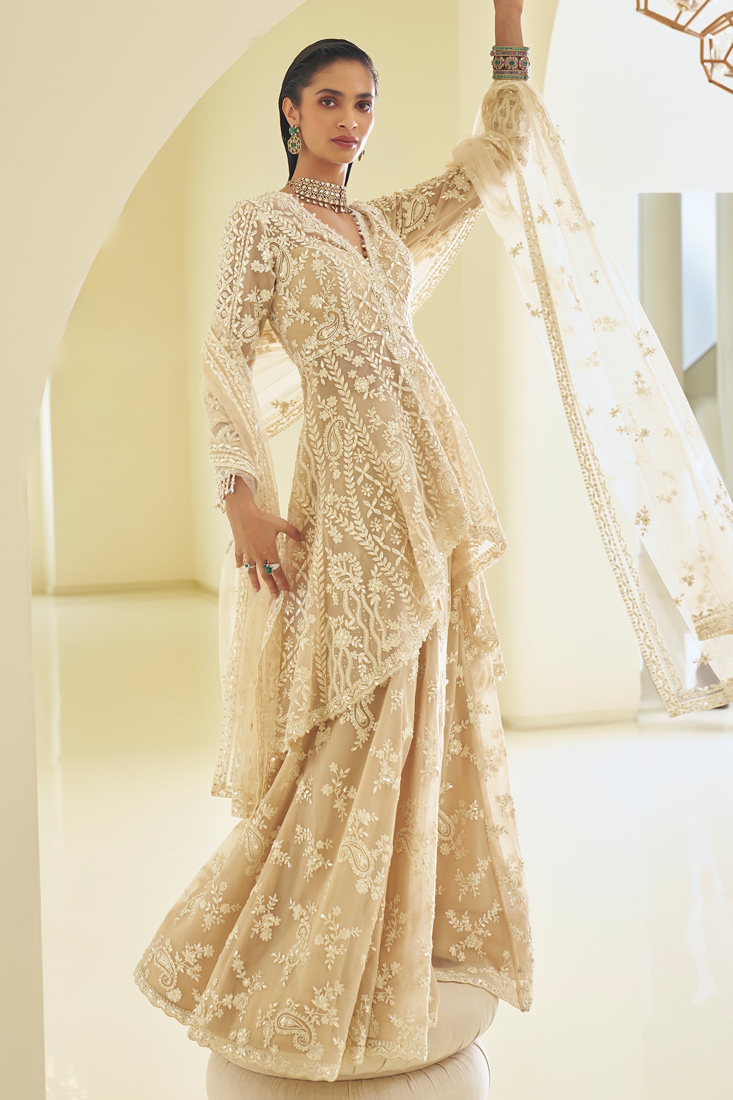 Buy Beige Net Embroidered Sequin Paisley High-low Jacket Sharara Set ...