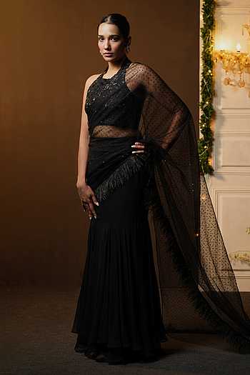 Buy Black Falling Raw Silk Fish Cut Pre-draped Saree With Blouse For ...