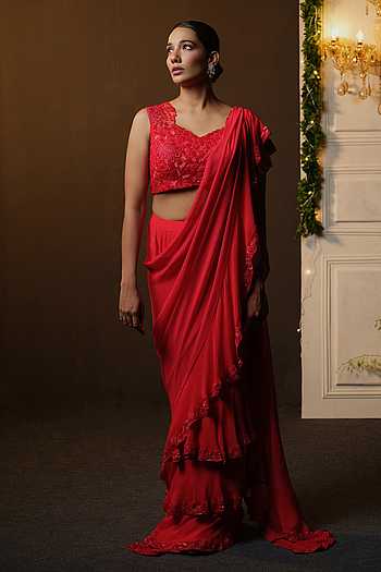 Buy Red Falling Raw Silk Embroidery Border Pre-draped Saree With Blouse ...