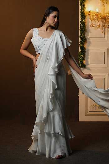 Buy White Falling Raw Silk Embroidery Ruffle Pre-draped Saree With ...