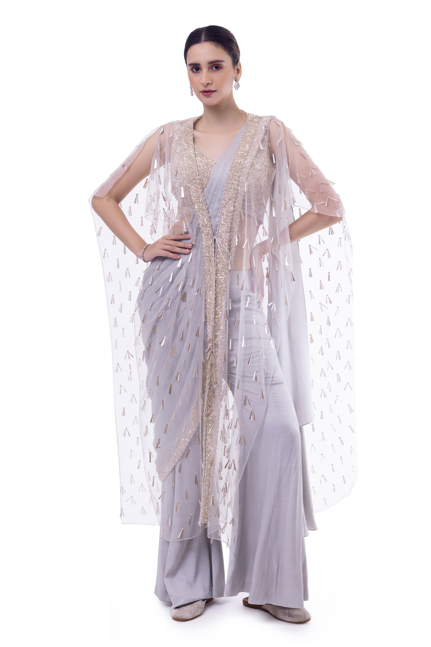 Buy Grey Moonga Silk Embellished Pre-stitched Pant Saree Set With ...