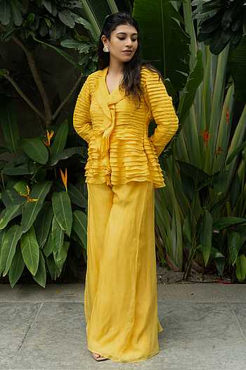 Buy Yellow Organza Ruffled V Neck Noa Frilly Pleated Top Flowy Pant Set ...