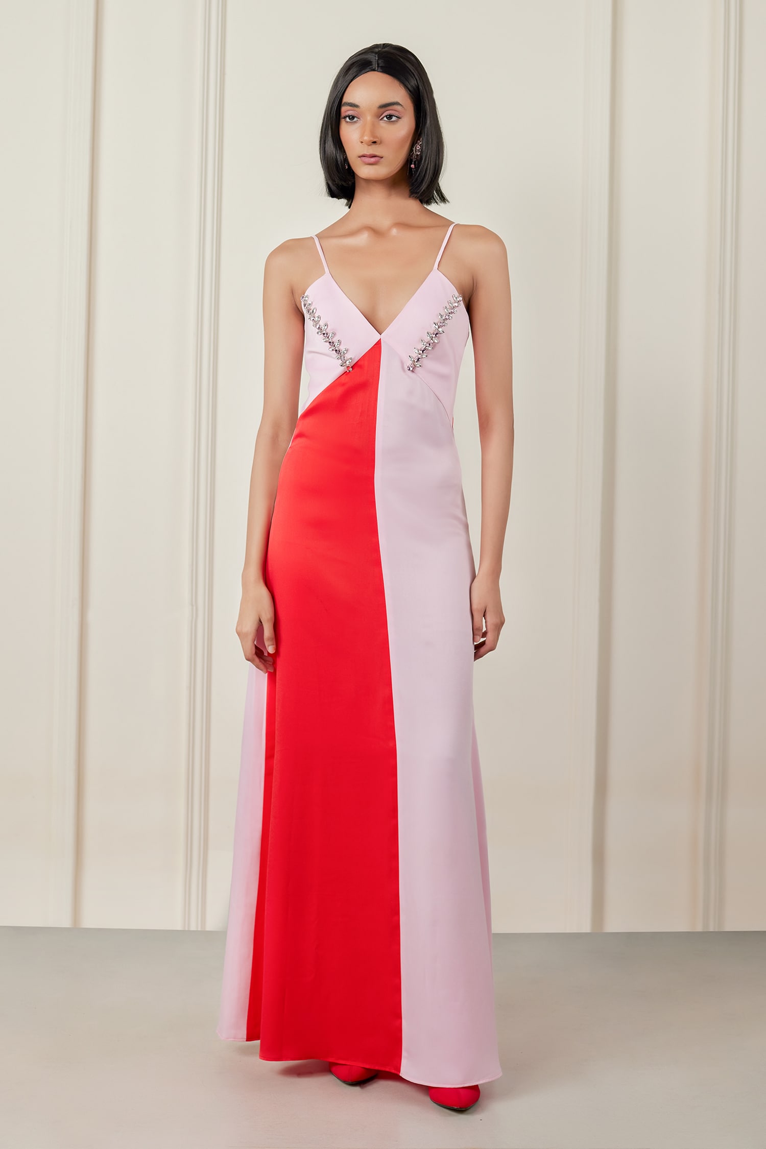 Buy Pink Satin Embellished Stone V Neck Whimsy Wonder Colorblock Dress ...