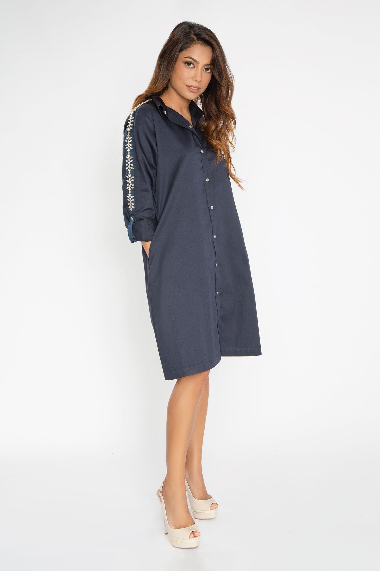 Buy Blue Cotton Satin Hand Embroidered Crystal Collar Sleeve Shirt ...