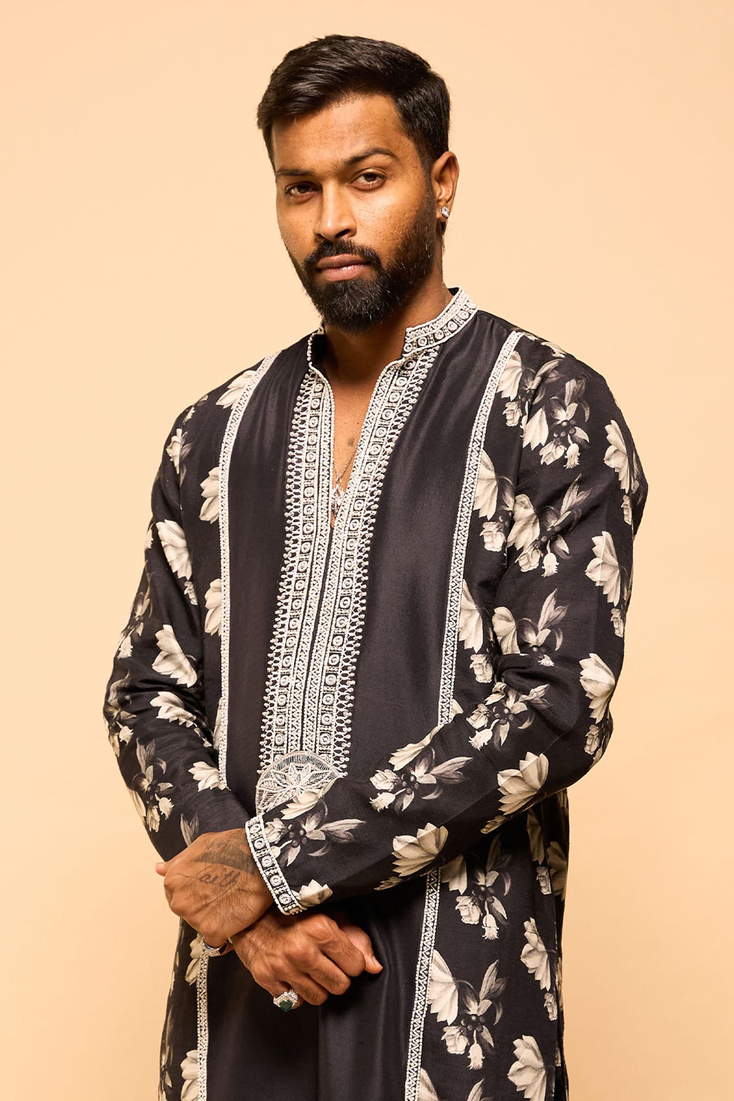 Buy Black Raw Silk Embroidered Thread Floral Print Kurta And Pant Set ...