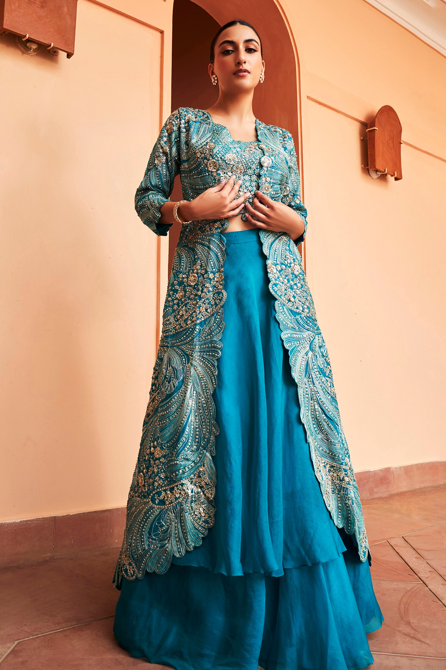 Buy Green Organza Embroidery Zardozi Bustier Floral Jacket Skirt Set ...