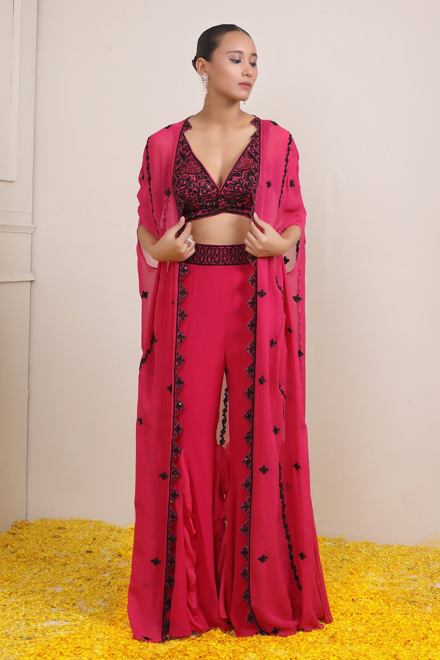 Buy Pink Georgette Embroidery Sequin Cape: Elaya Diamond Palazzo Set ...