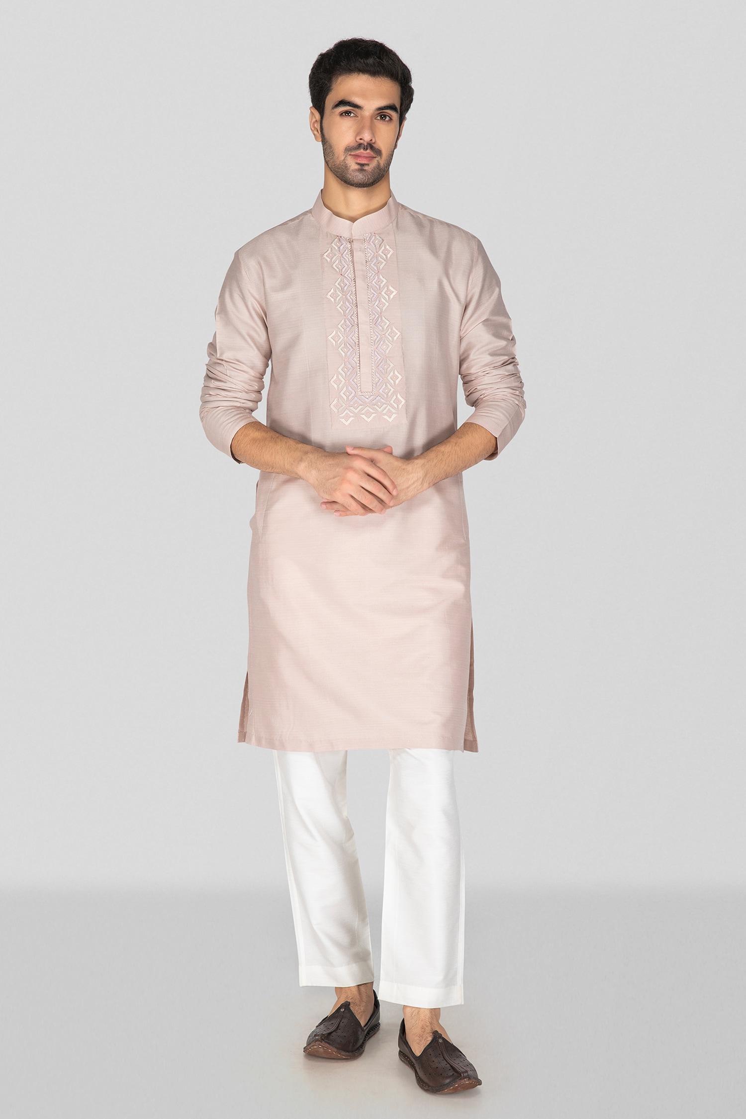 Buy Pink Cotton Silk Embroidered Thread Geometric Placket Kurta With ...