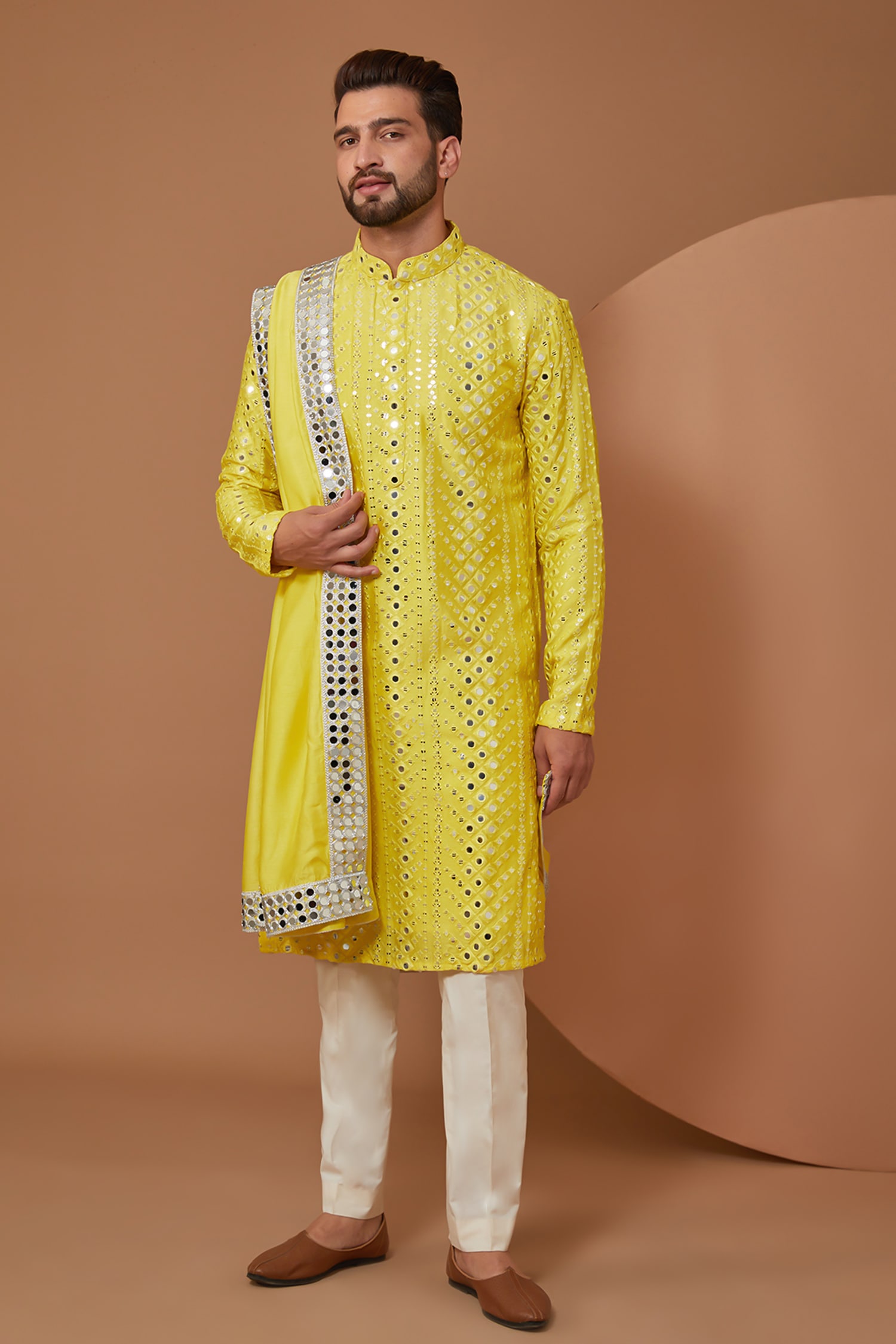 Buy Yellow Silk Embroidered Mirror Kurta Set With Stole For Men by ...