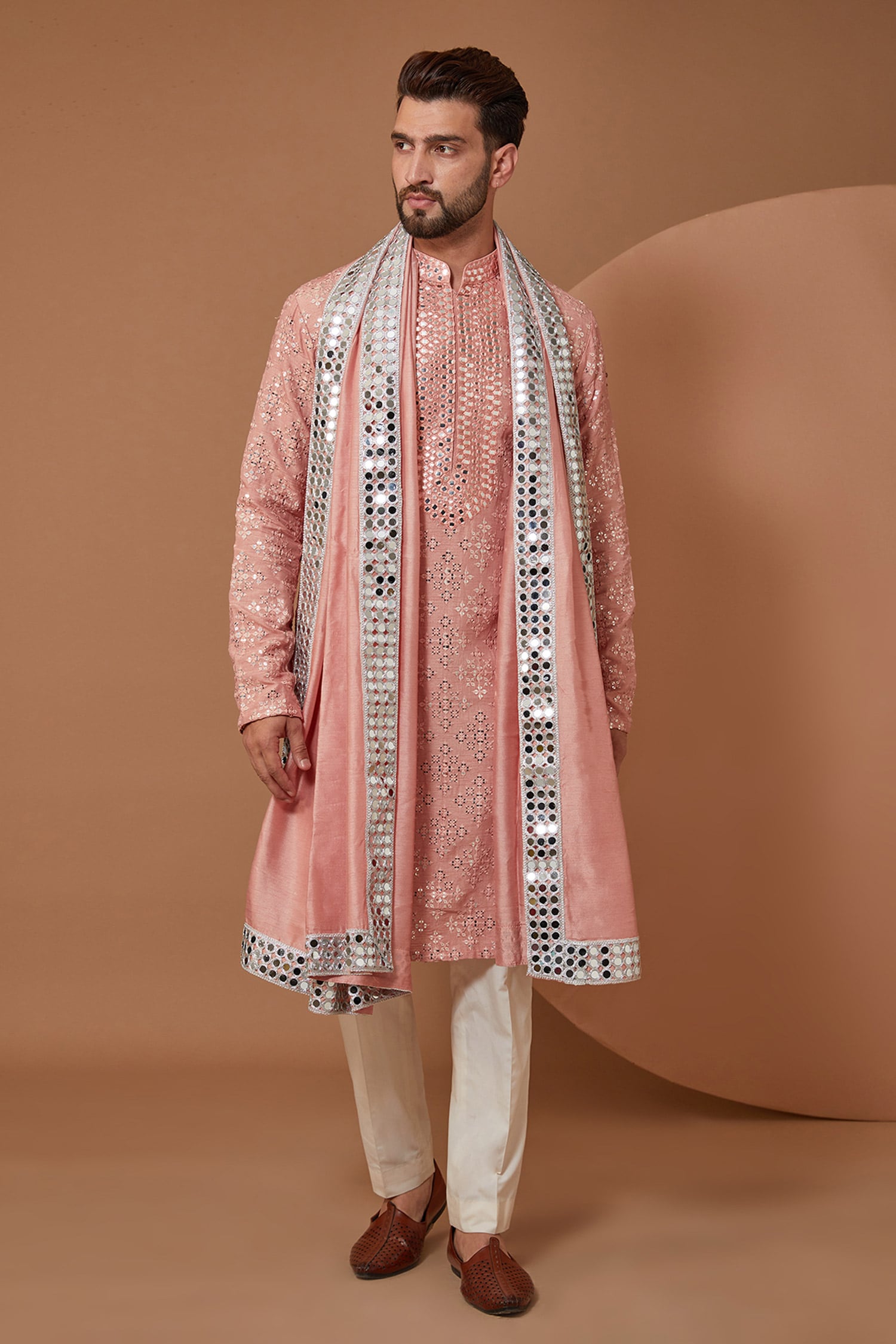 Buy Peach Silk Embroidered Mirror Work Kurta Set With Stole For Men by ...