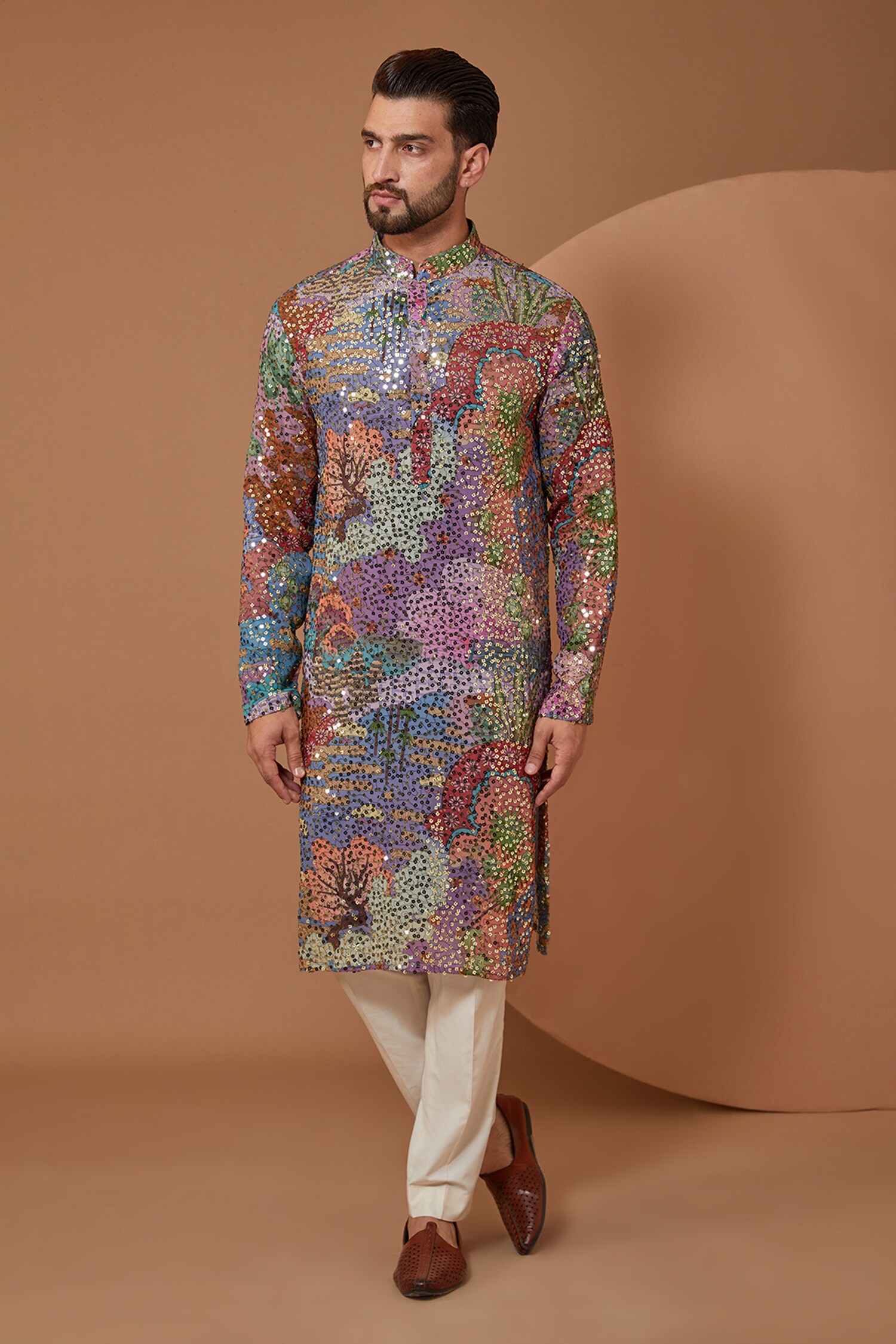 Buy Multi Color Georgette Embellished Sequins Abstract Kurta With Pant ...