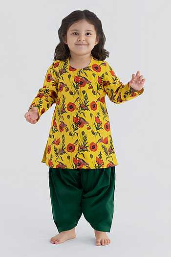 Buy Yellow Silk Chanderi Sayani Chidiya Print Kurta With Salwar For ...