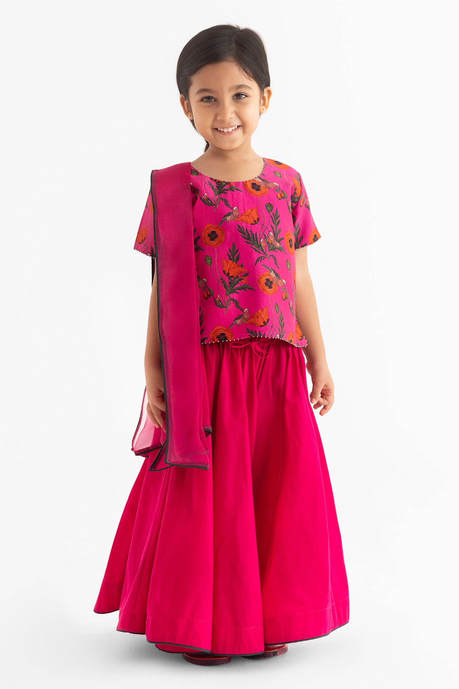 Buy Pink Silk Chanderi Chidiya Rani Print Blouse Lehenga Set For Girls ...