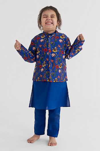 Buy Blue Silk Chanderi Chatur Tota Sayani Chidiya Print Bandhgala Set ...