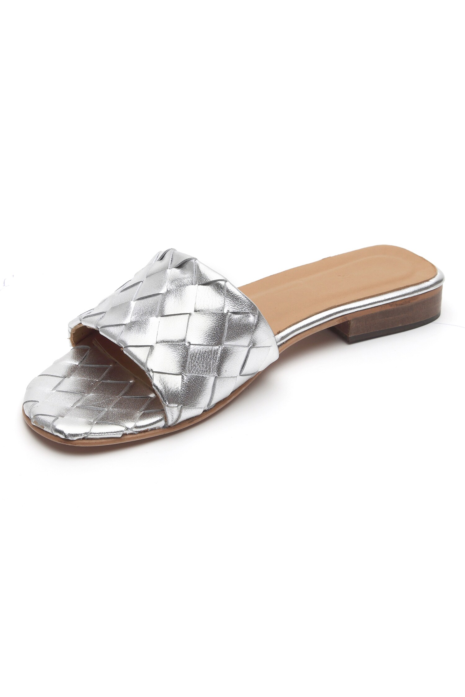 Buy Silver Basket Weave Leather Sliders by Tissr Online at Aza Fashions.