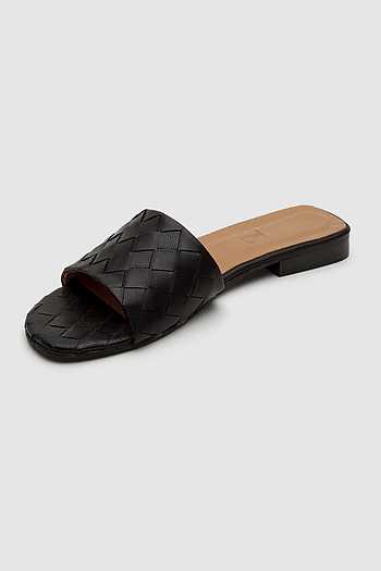 Buy Black Textured Kate Leather Woven Strap Sliders by Tissr Online at ...