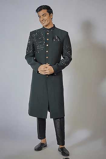 Buy Green Japanese Twill Embroidery Sequin Applique Achkan Set For Men ...