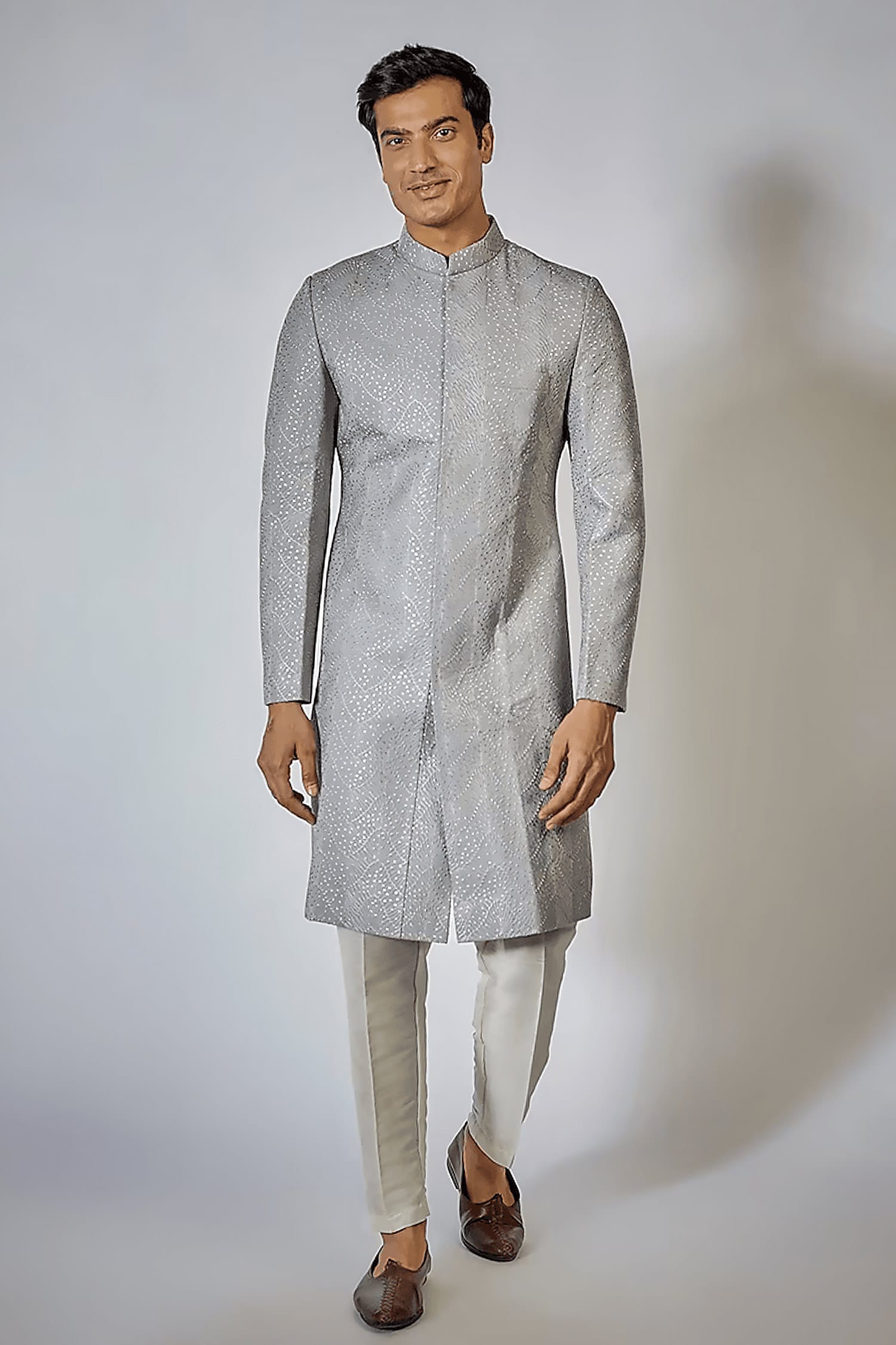Buy Grey Raw Silk Embroidery Thread Work Achkan Set For Men by RNG ...