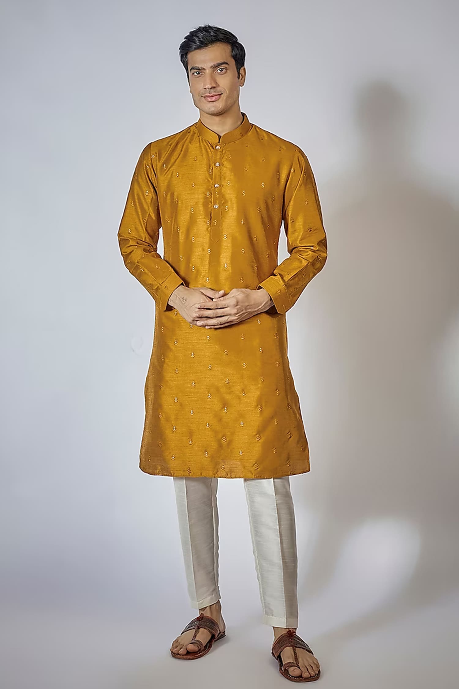 Buy Orange Cotton Silk Embroidery Thread Mirror Work Kurta Set For Men ...