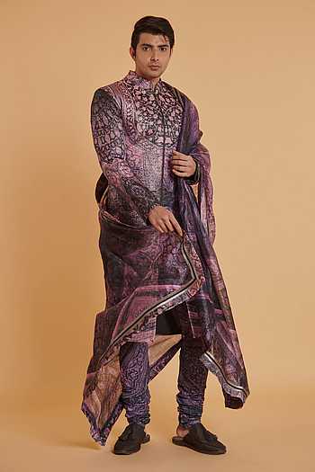 Buy Purple Sherwani: Tafetta Print Mughal Churidar Set For Men by ...