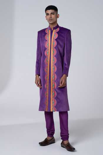 Buy Purple Sherwani: Suede Velvet Printed Floral With Churidar For Men ...