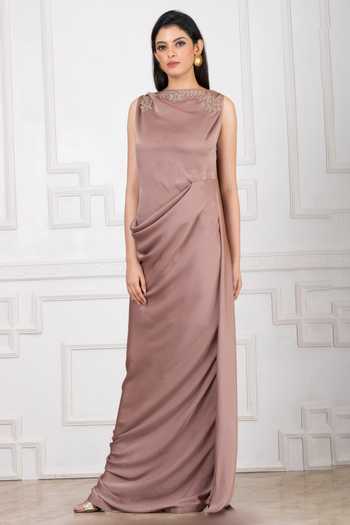 Buy Brown Sandwash Satin Embellished Floral Applique Boat Draped Gown ...