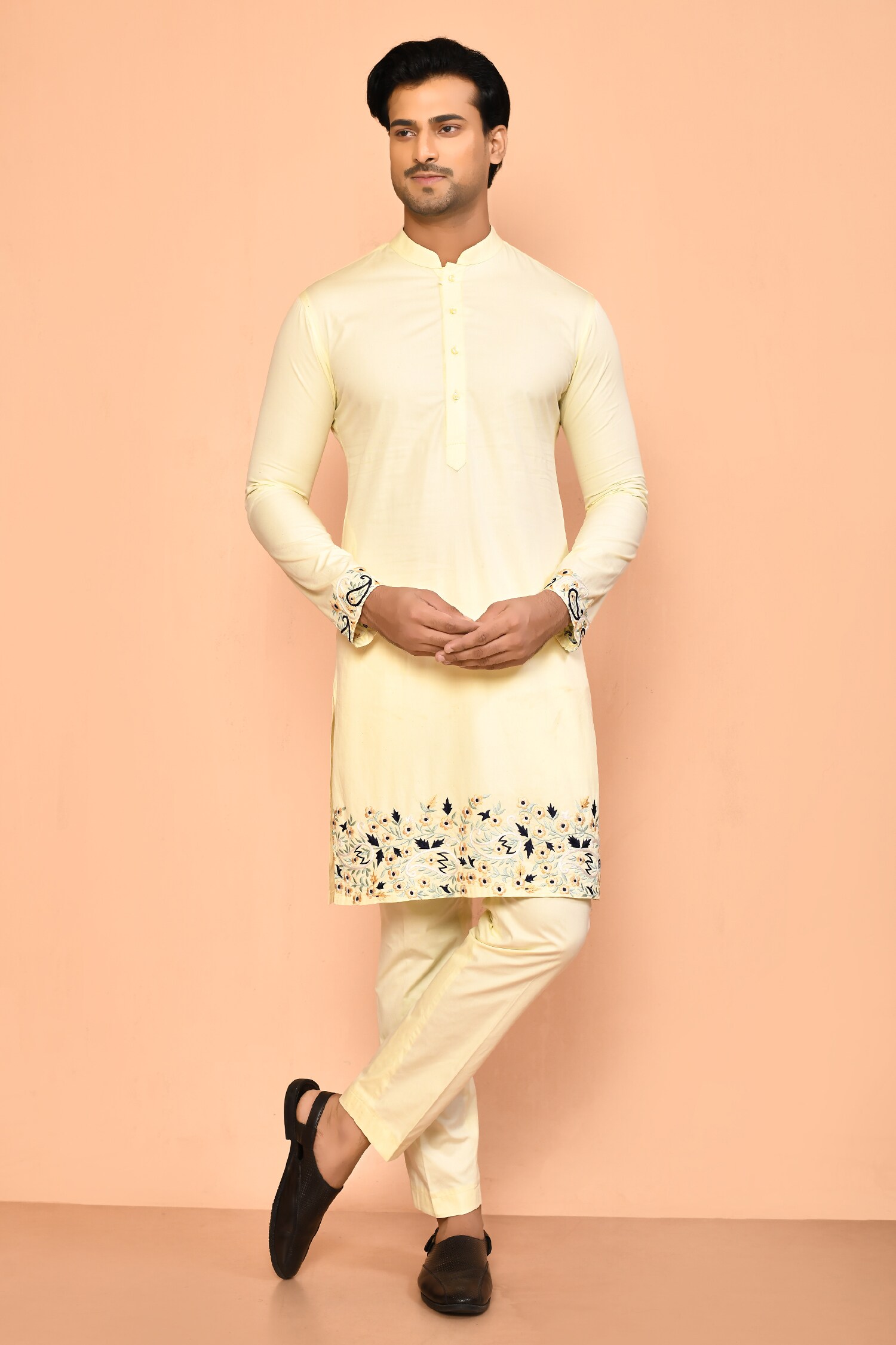 Buy Yellow Cotton Embroidered Floral Border Kurta Set For Men by ...