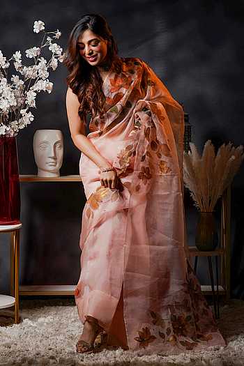 Buy Peach 100% Silk Organza Handpainted Floral Sundari Saree For Women ...