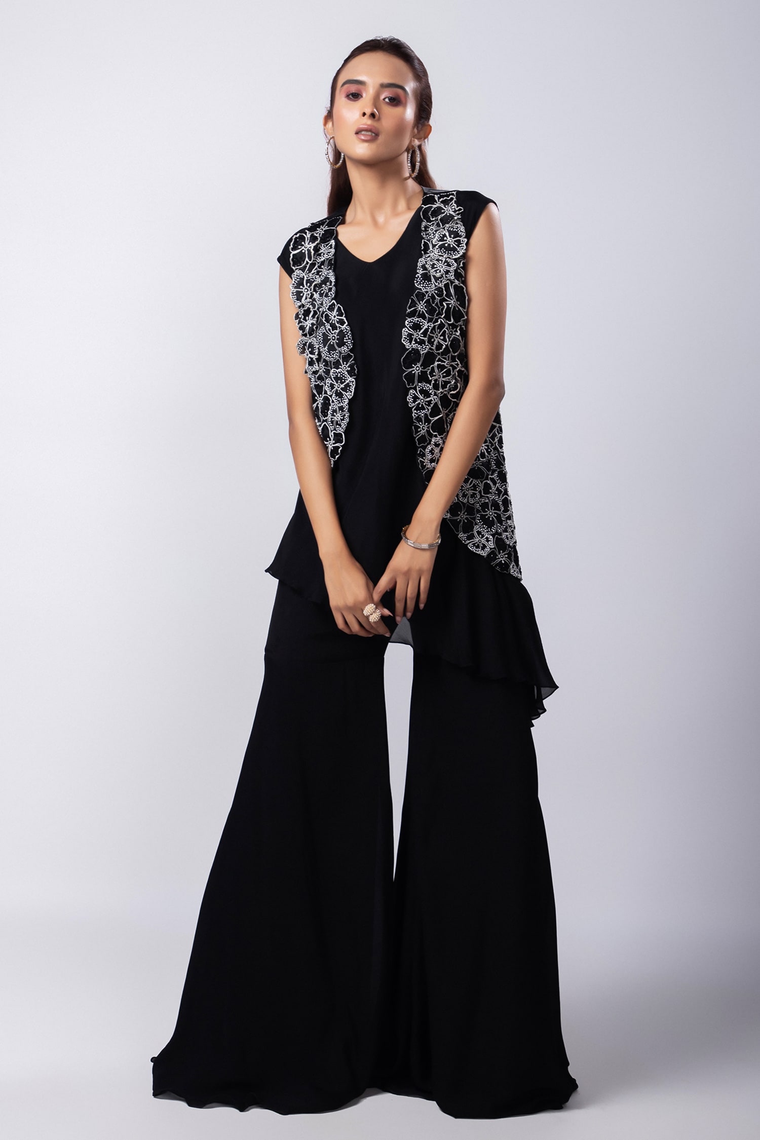 Buy Black Top And Pant: Chinon Tafetta Lior Floral Cutwork Jacket Set ...