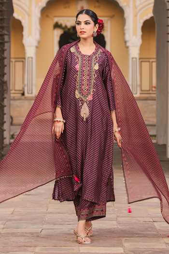 Buy Purple Silk Embroidered Pearl Round Cheent Print Kurta Pant Set For ...