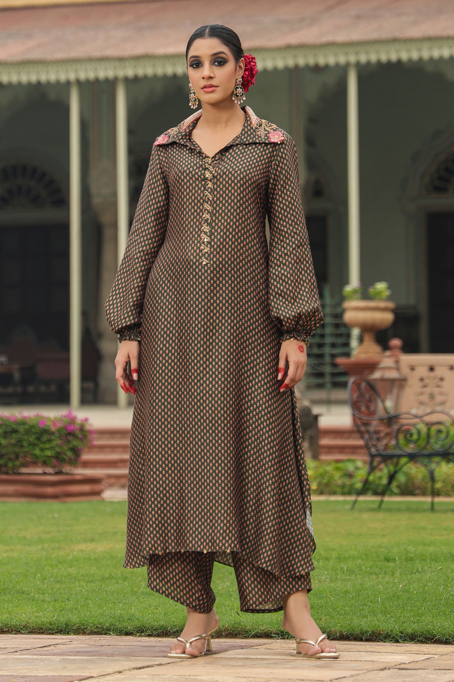 Buy Green Silk Printed And Embroidered Cheent Asymmetric Kurta ...