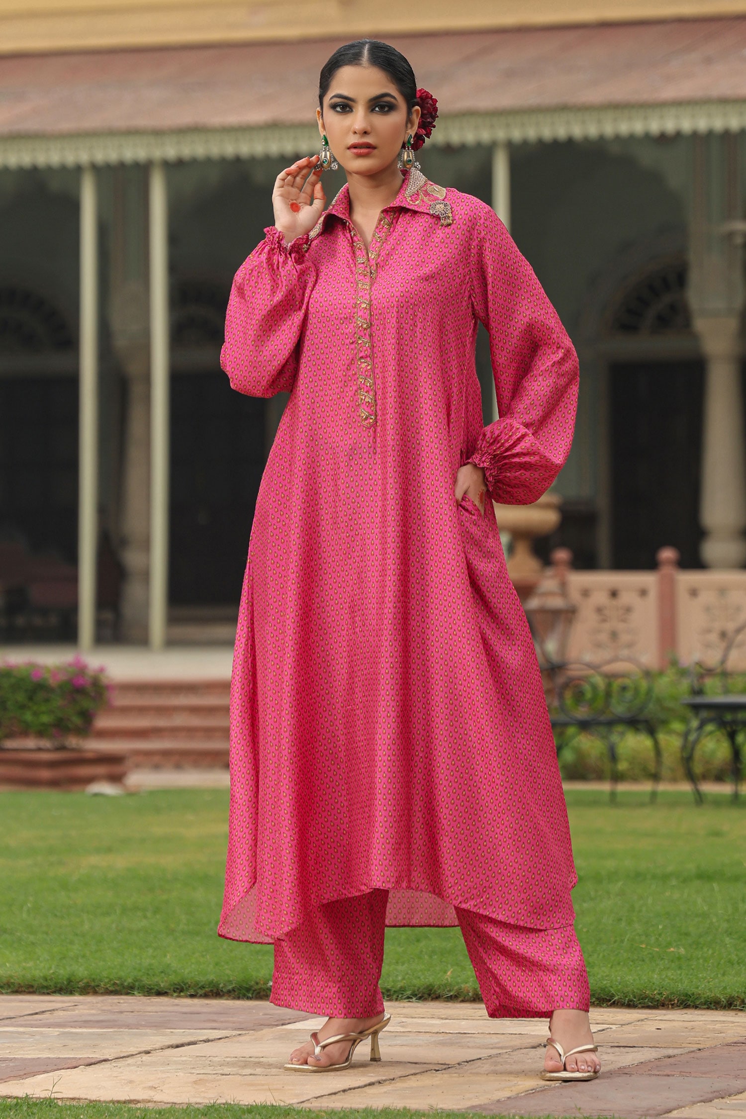 Buy Pink Silk Printed And Embroidered Cheent Asymmetric Kurta & Palazzo ...