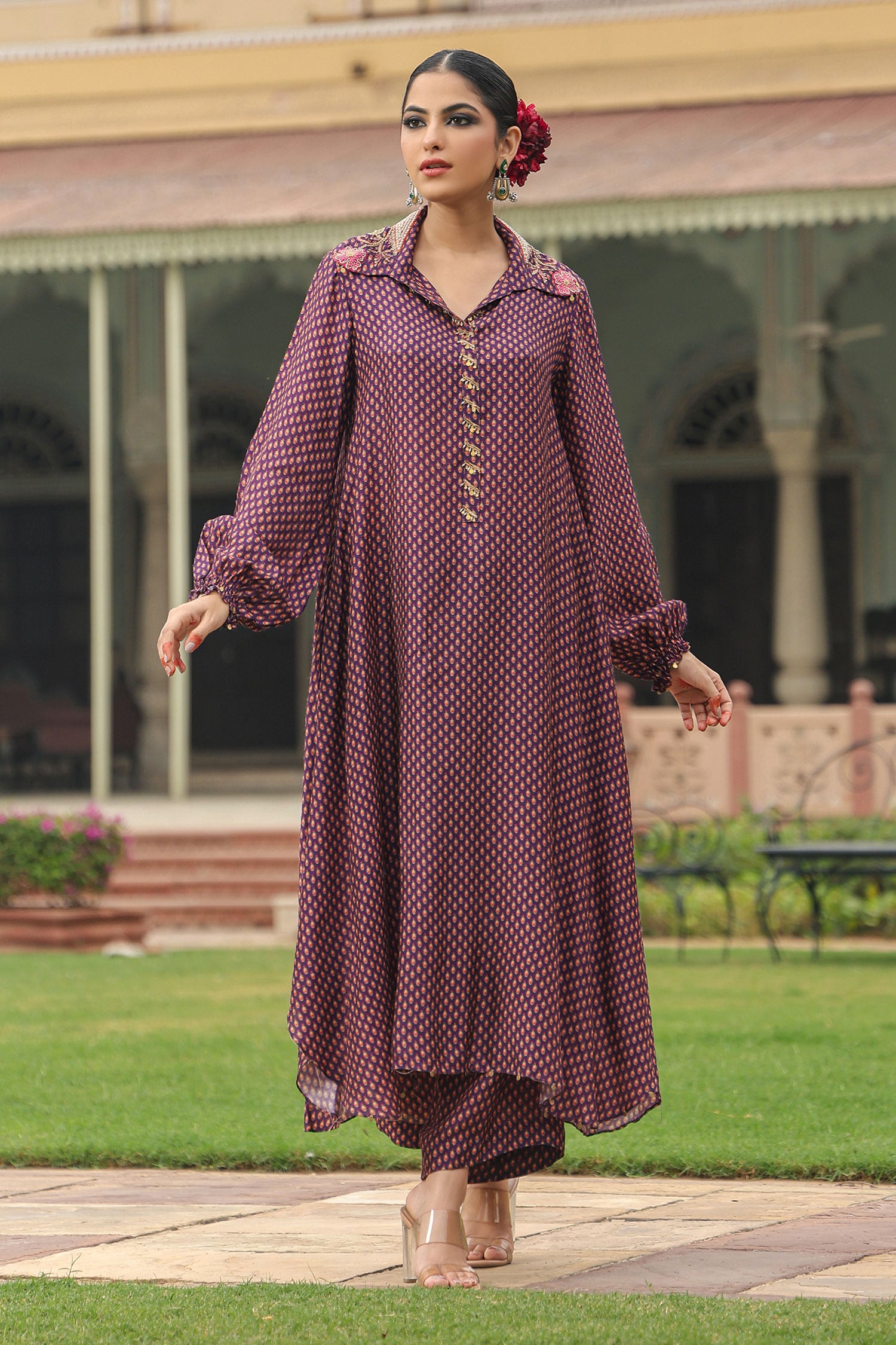 Buy Purple Silk Printed And Embroidered Cheent Asymmetric Kurta ...