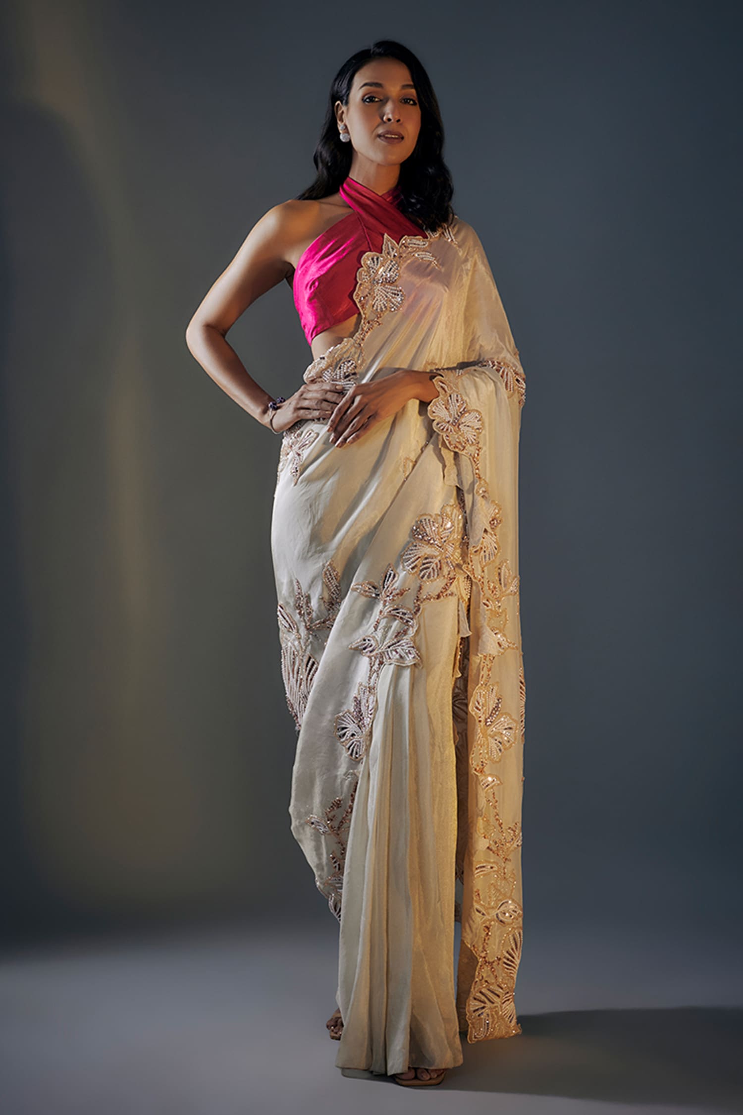 Buy Beige Mashroo Embroidered Floral Halter Pre-draped Saree With ...