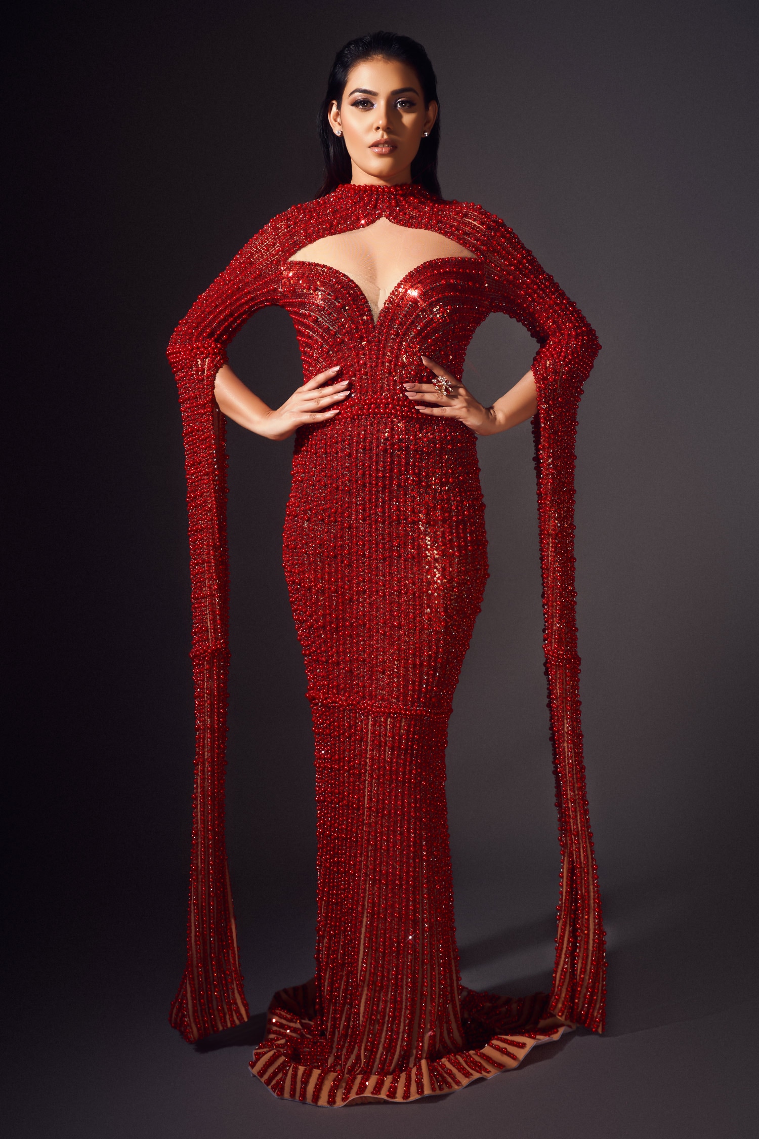 Buy Red Stretchable Net Hand Embellished Sequin Pearl Draped Bodycon ...