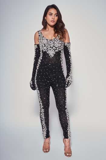 Buy Black Stretchable Net Hand Bodycon Jumpsuit With Pair Of Gloves For ...