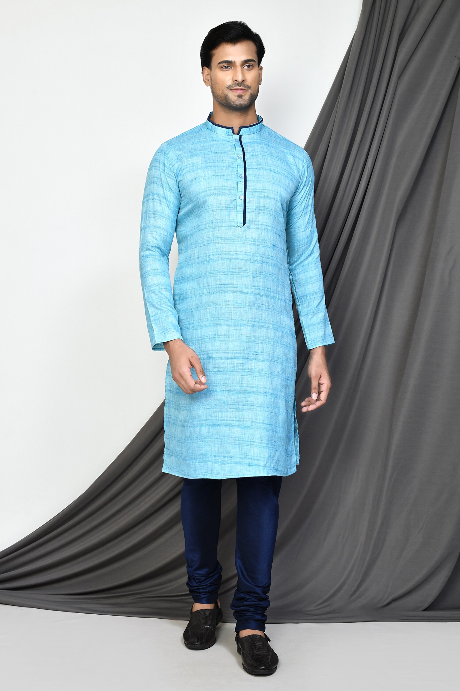 Buy Blue Kurta: Cotton Plain Straight Set For Men by Khwaab by Sanjana ...