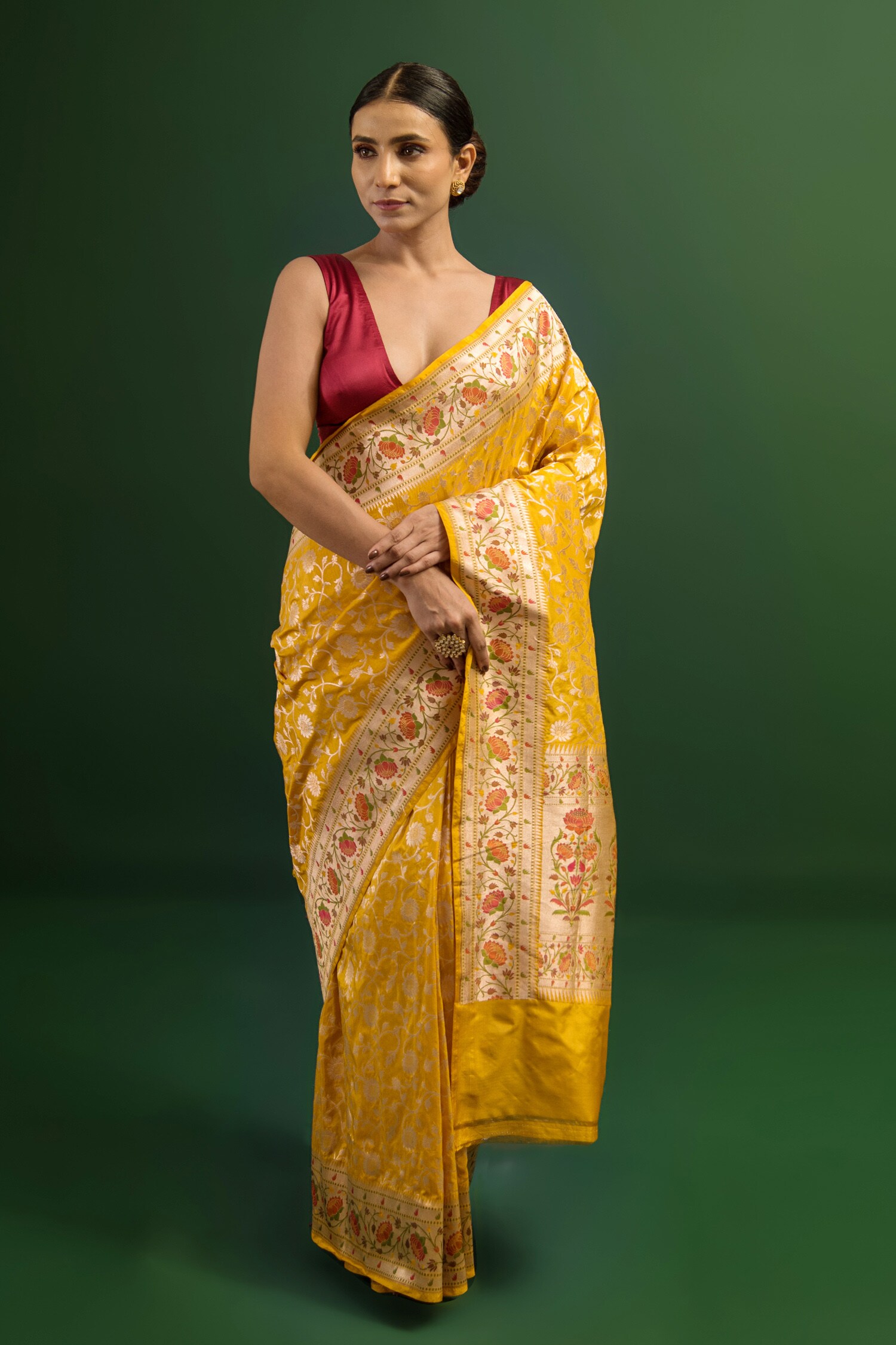 Buy Yellow Katan Silk Handwoven Floral Paithani Pattern Saree For Women