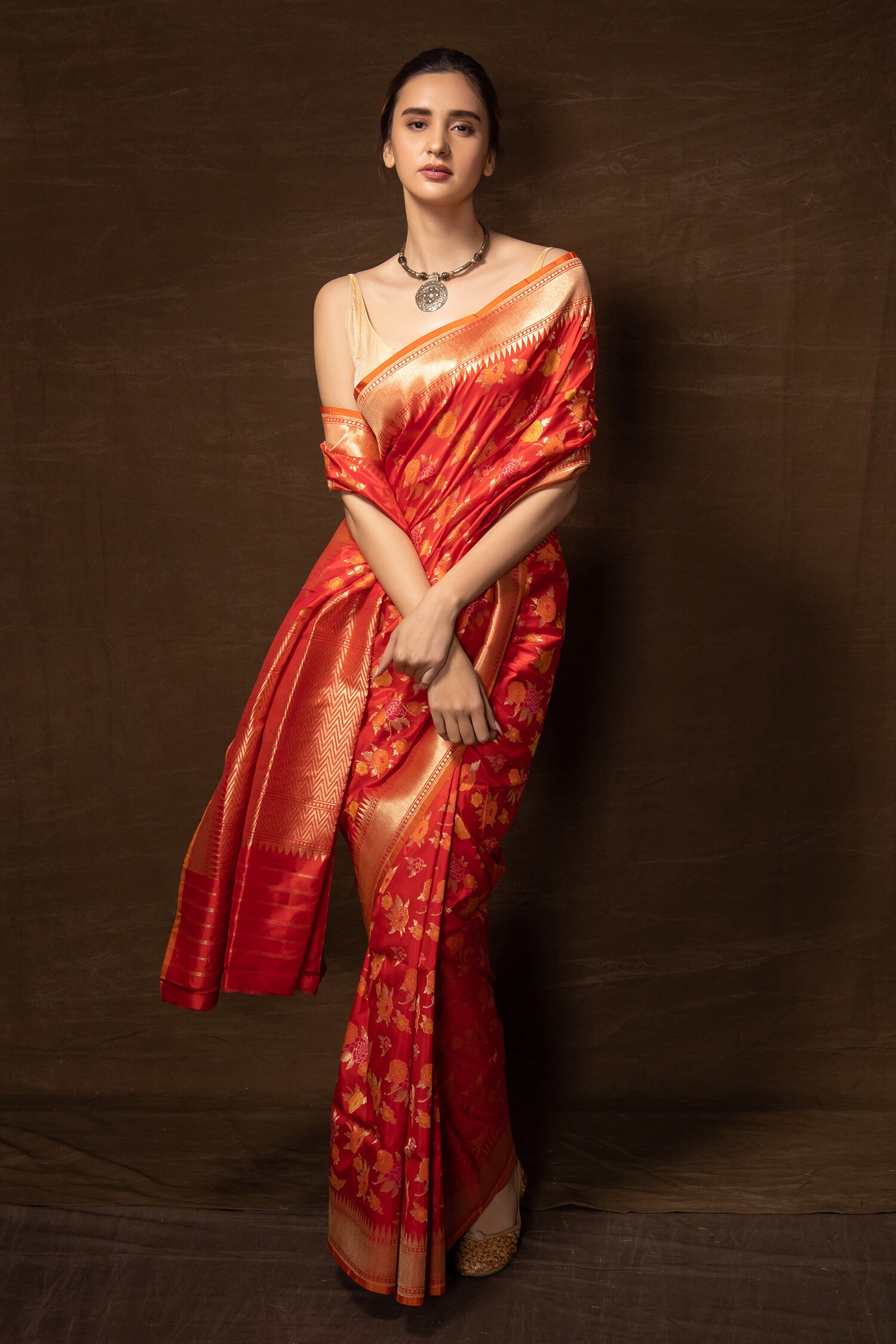 Buy Red Pure Silk Carnation Bloom Banarasi Saree With Running Blouse ...
