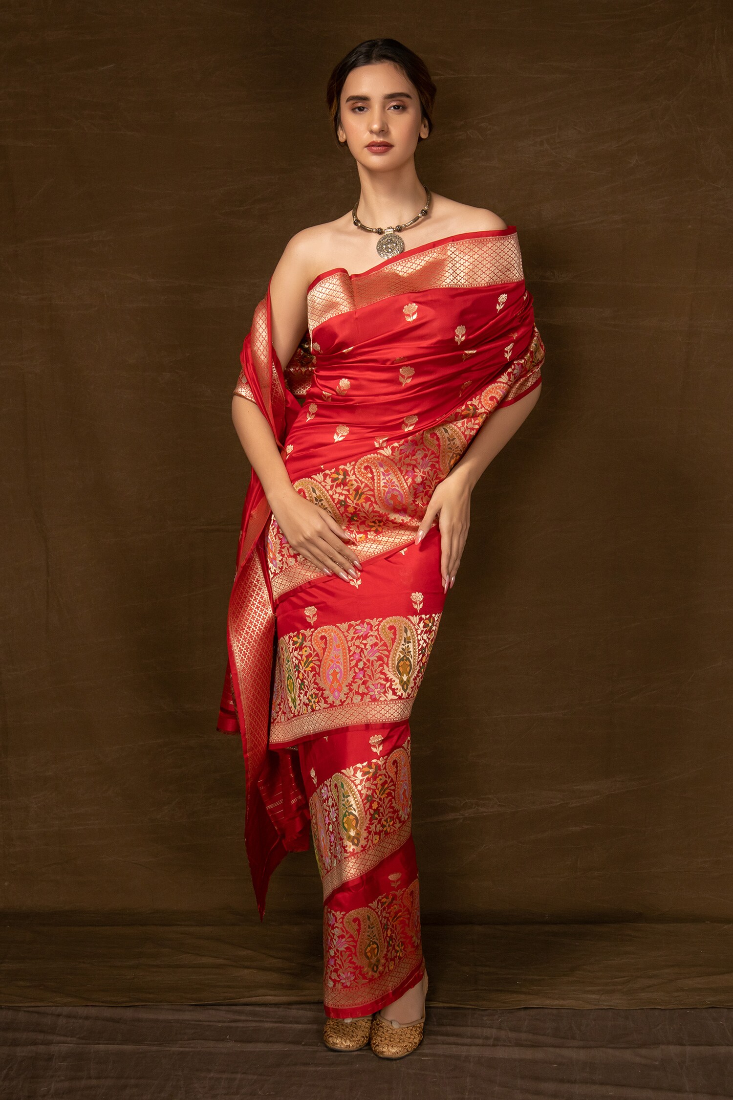 Buy Red Muga Silk Plumeria Handwoven Motif Banarasi Saree With Running ...