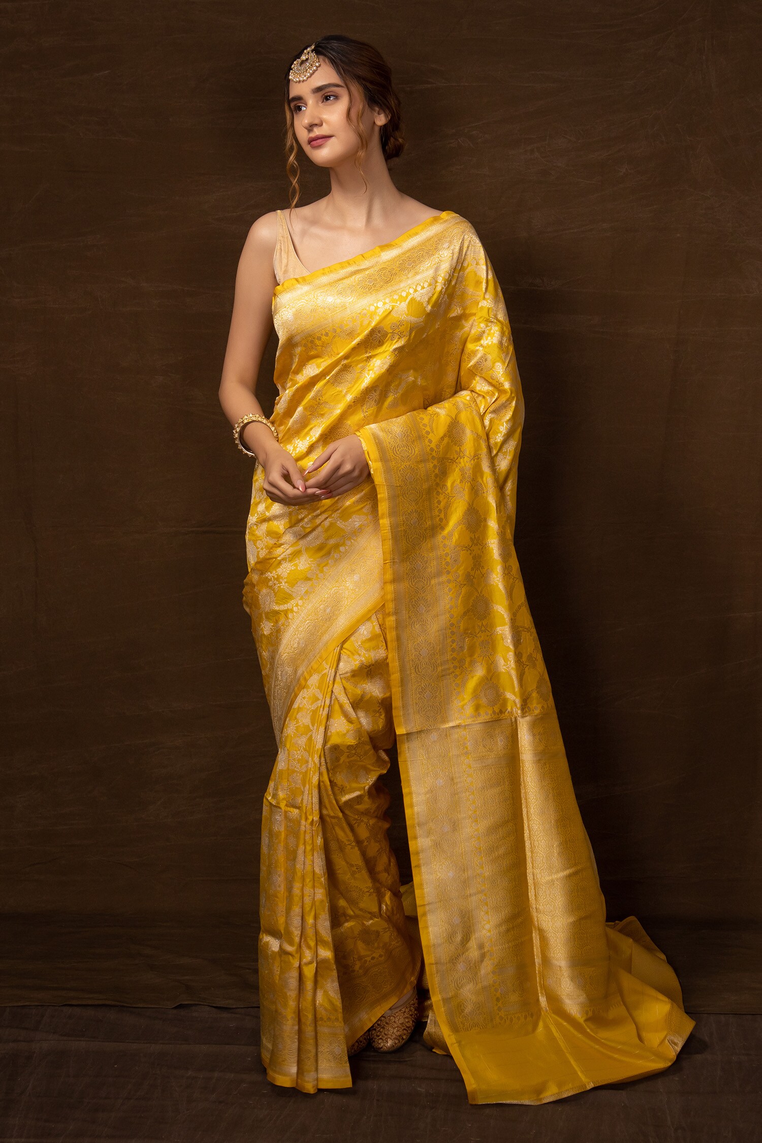 Buy Yellow Silk Handwoven Bloom Jaal Banarasi Saree With Running Blouse ...