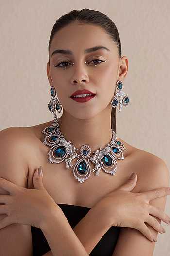 Buy Silver Plated Swarovski Stone Embellished Studded Drop Necklace by ...