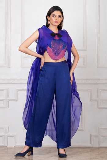 Buy Blue Organza Hand Embroidered Sequins Round Sleeveless Cape Pant ...