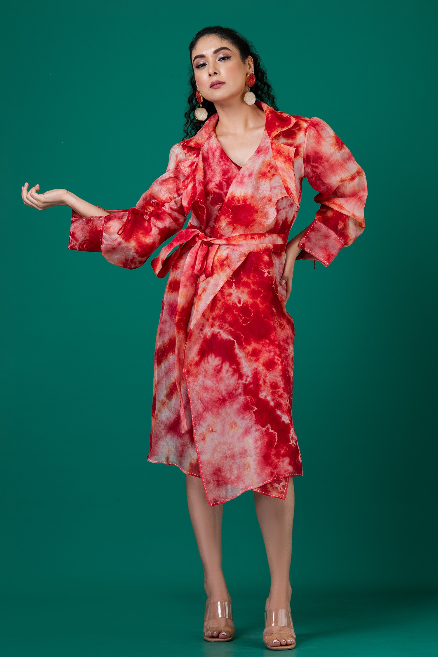 Buy Red Jacket: Organza Hand Embroidered Marble Dyed Pattern With Dress ...